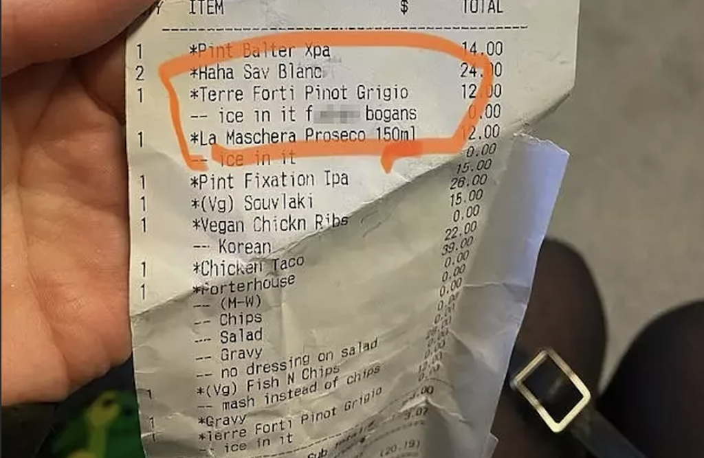 Ice in wine debate continues with rude Australian bar receipt